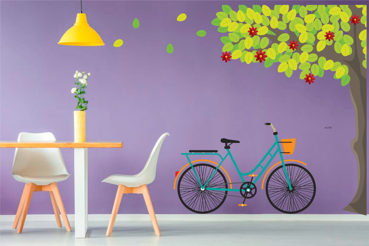 HD tree beautifull bicycle wall sticker - India Print